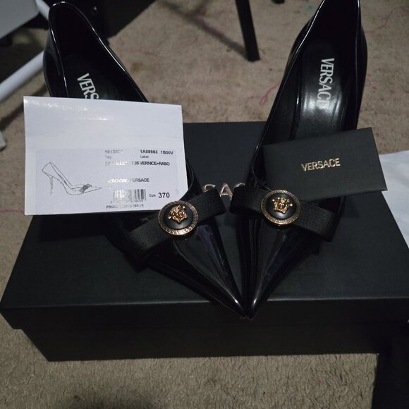 Versace | Shoes | Versace Black Stiletto Heels With Silver ...